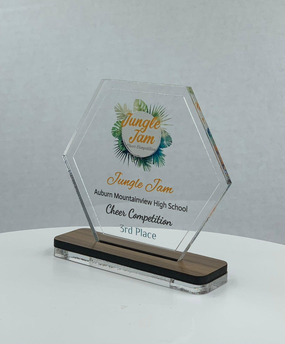 Hexagon Acrylic Trophy + Wood Base – crafty90